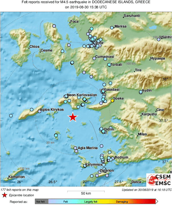 Two earthquakes 4.3R and 4.4R rattle the island of Samos